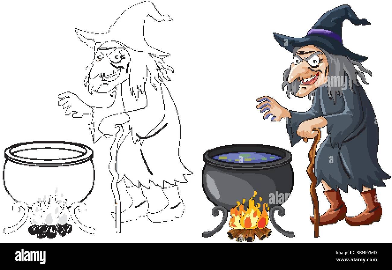 A vector illustration of a witch stirring a cauldron over a fire ...