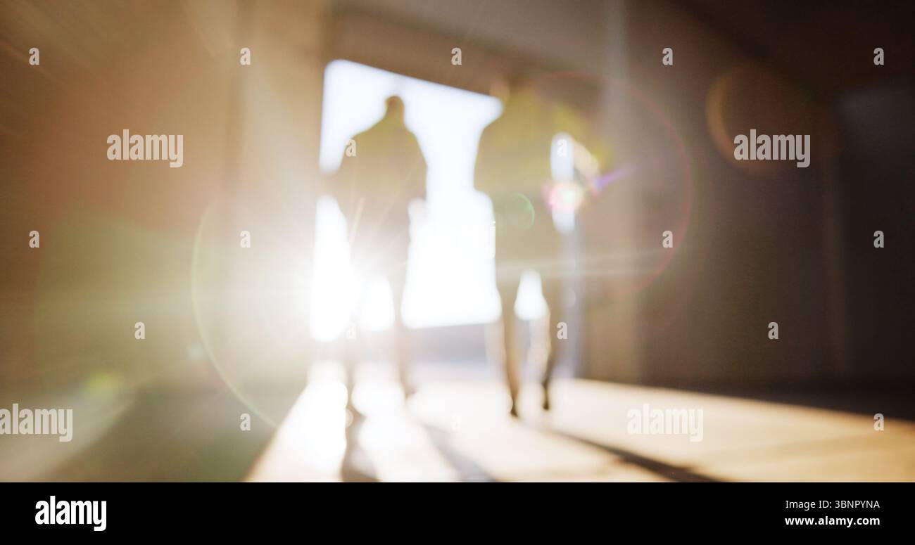 Blur, building and flare with construction worker people on site for ...