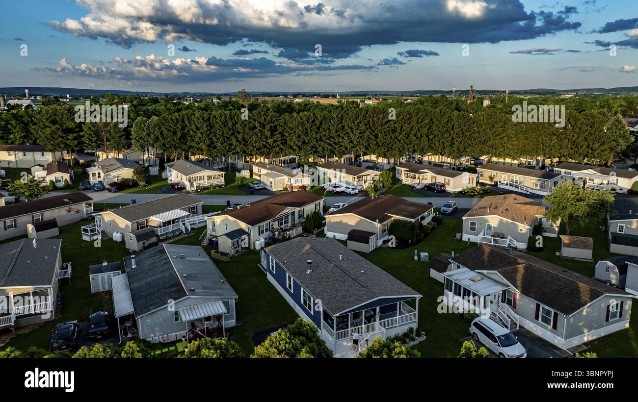 Aerial view captures a Mobile, Prefab, Manufactured Home neighborhood ...