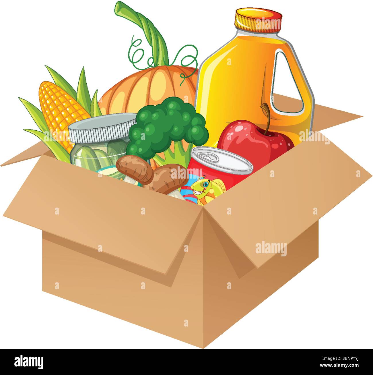 Vector illustration of a cardboard box filled with assorted groceries ...