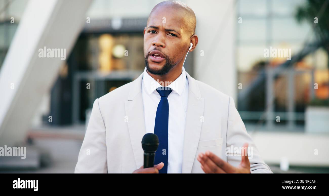 News, portrait and streaming with black man in city for live television ...