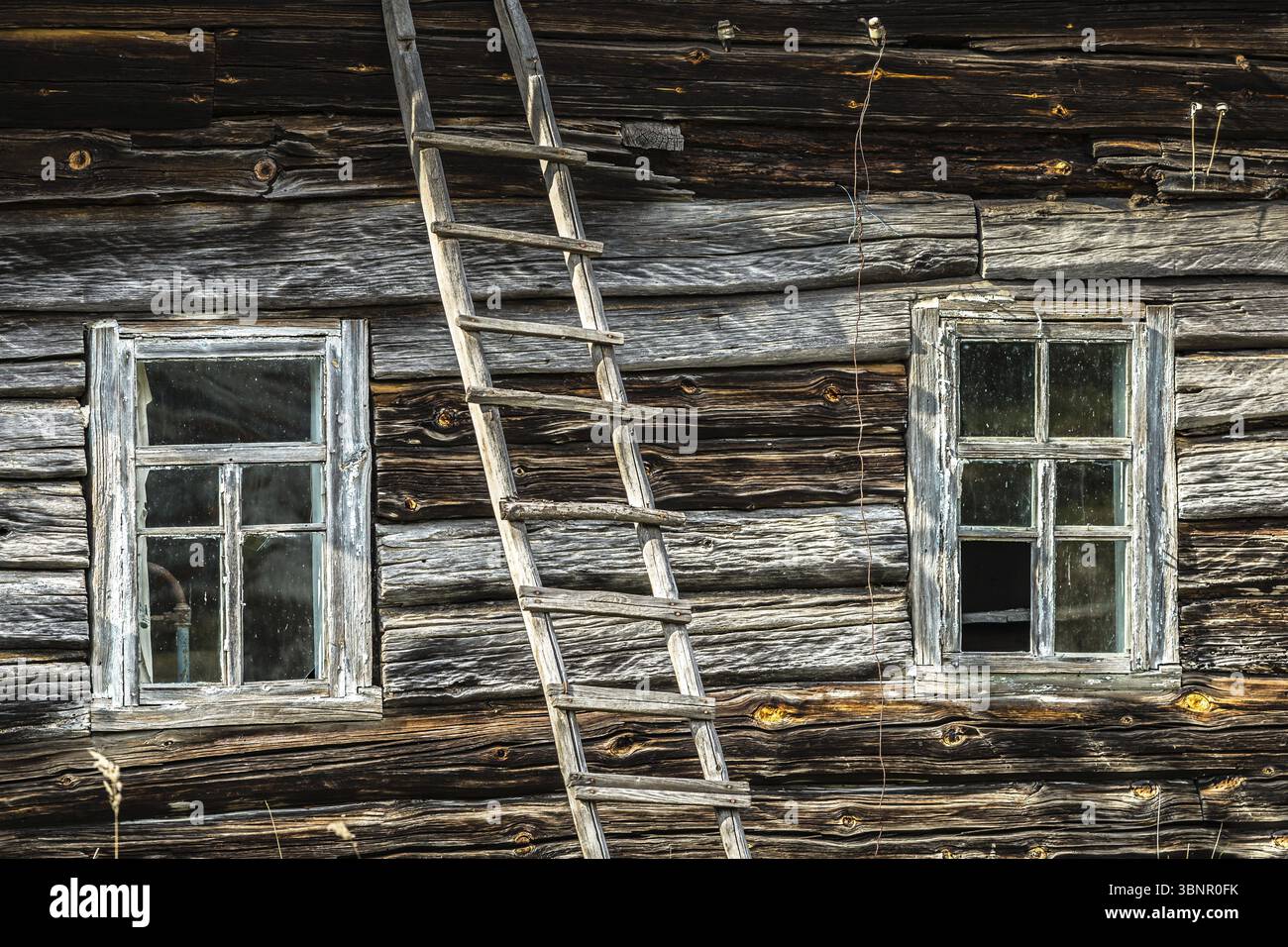 Abandoned woorde house with two windows and a ladder in exclusion zone ...