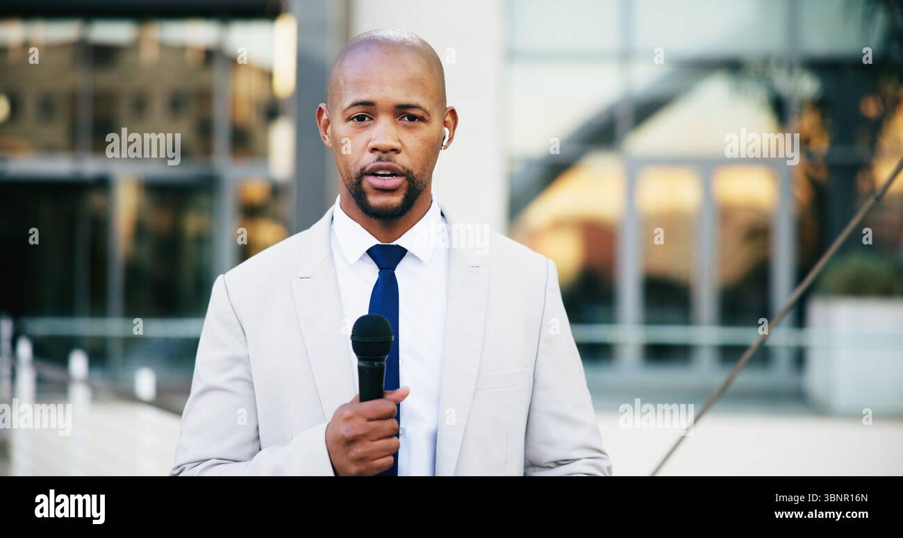 News, portrait and story with black man in city for live television ...