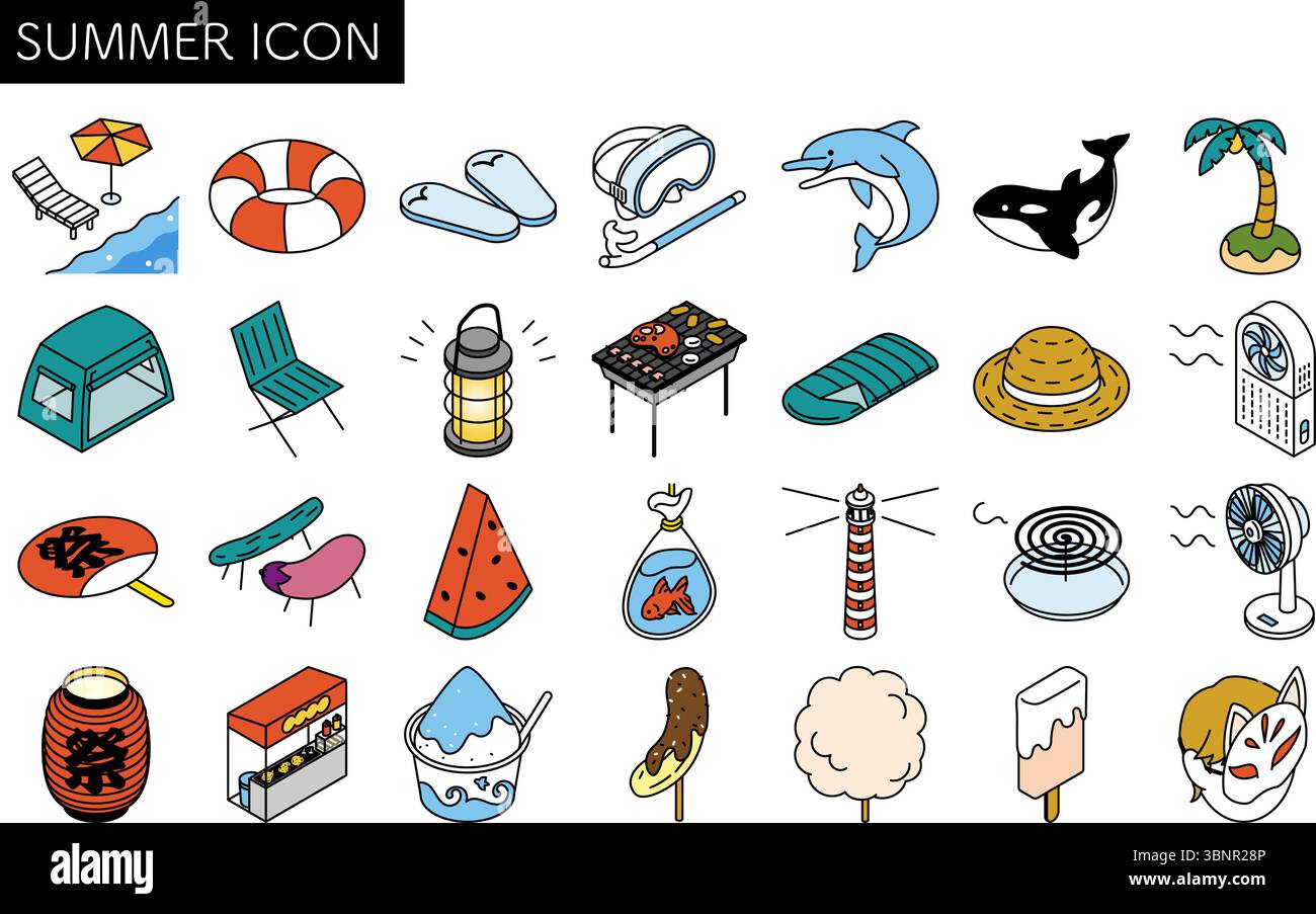 Isometric line art illustration of simple summer icon set including ...