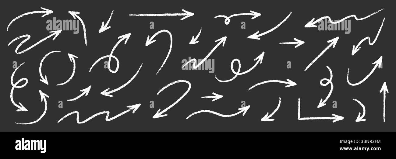 Arrow drawn hand vector line icon set. Hand drawn brush chalk stroke ...