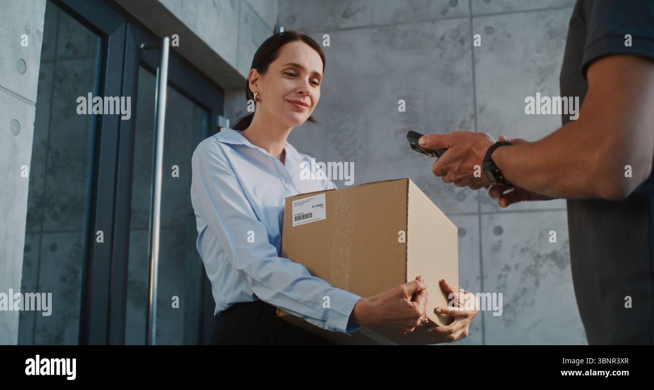Postman Coming to Modern Office Building, Delivering Parcel Box for ...