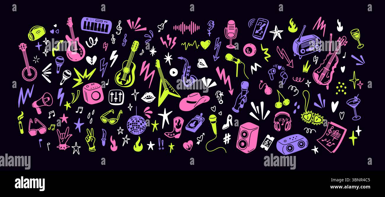 Set of neon acid hand drawn doodle dance club, karaoke, rave party ...