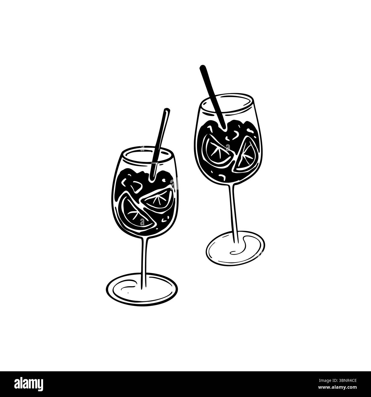 Two aperol spritz hand drawn vector illustration. Summer citrus ...