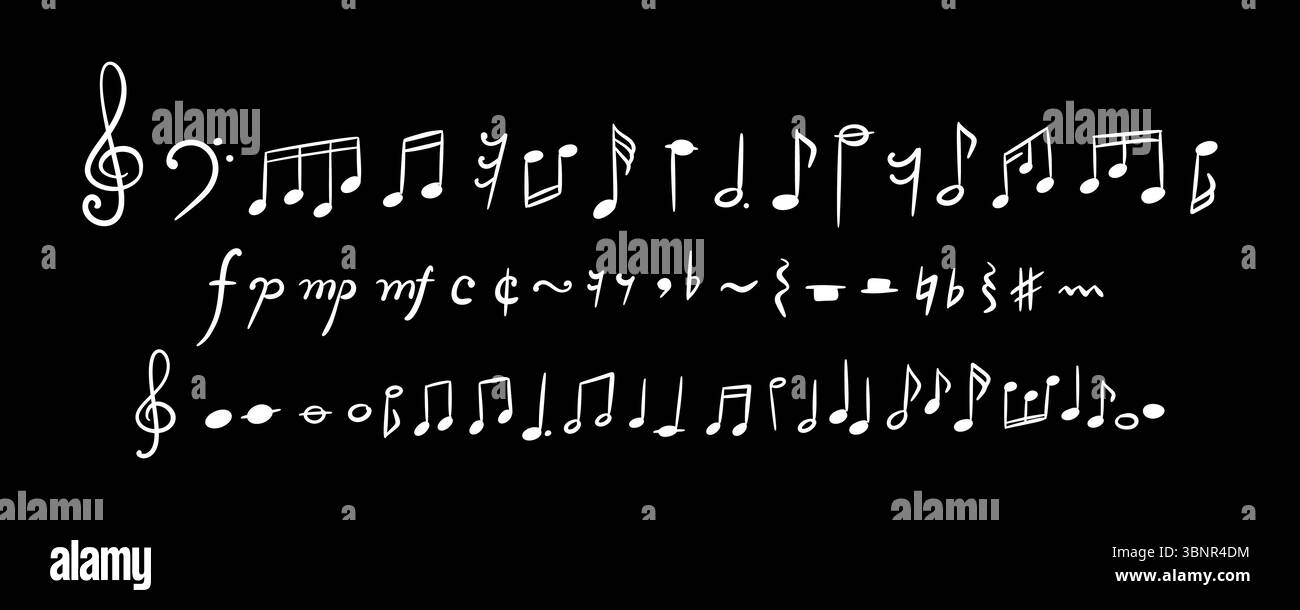 Hand drawn cute line doodle music notes and signs set. Crayon scribble ...