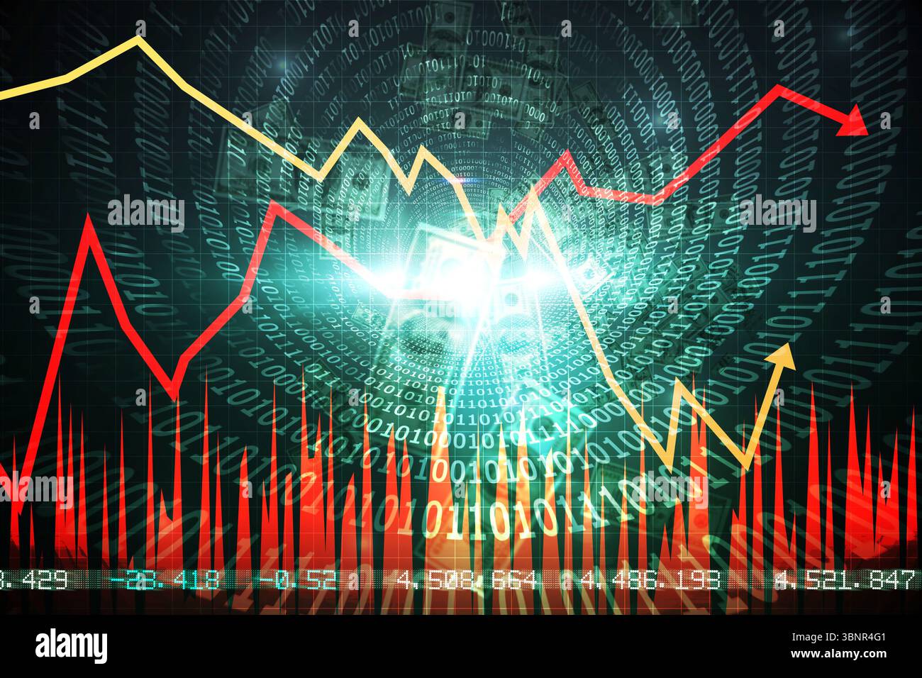 Flat design showing red and yellow charts with red bars on green binary ...