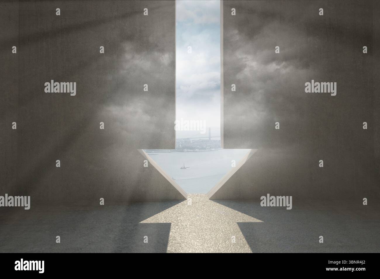 3D render is showing arrow-shaped aperture in concrete chamber, casting ...