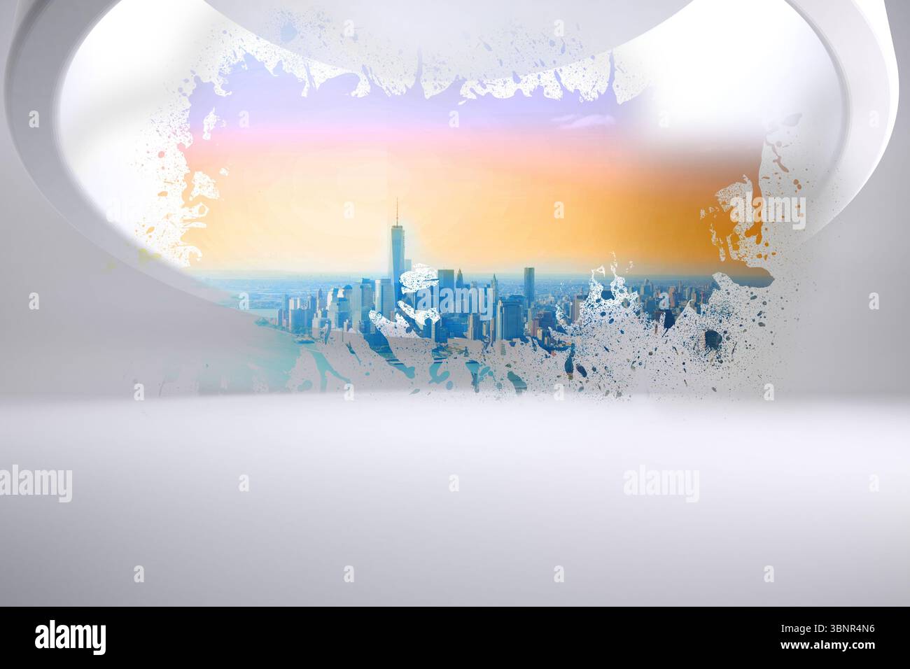 Panoramic city skyline is being shown through paint splatter framed ...