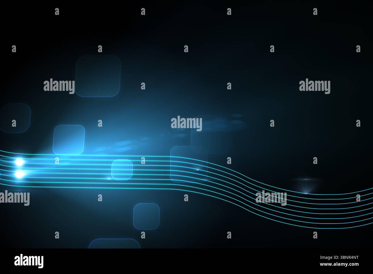 Neon-blue curved lines are stretching across dark space in flat design ...