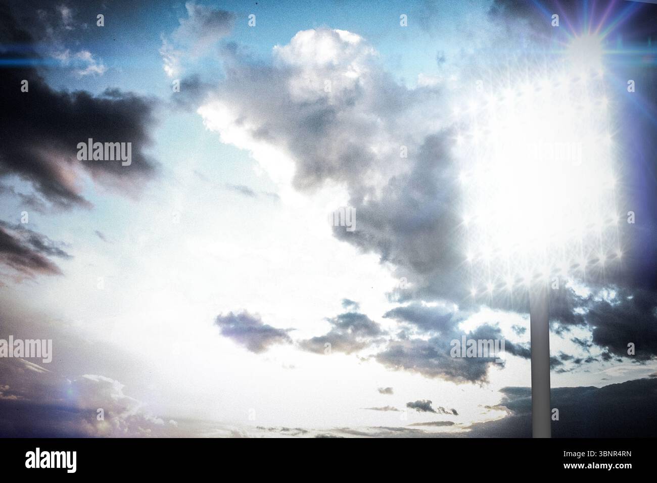 Floodlight tower is illuminating evening sky in flat design, with ...