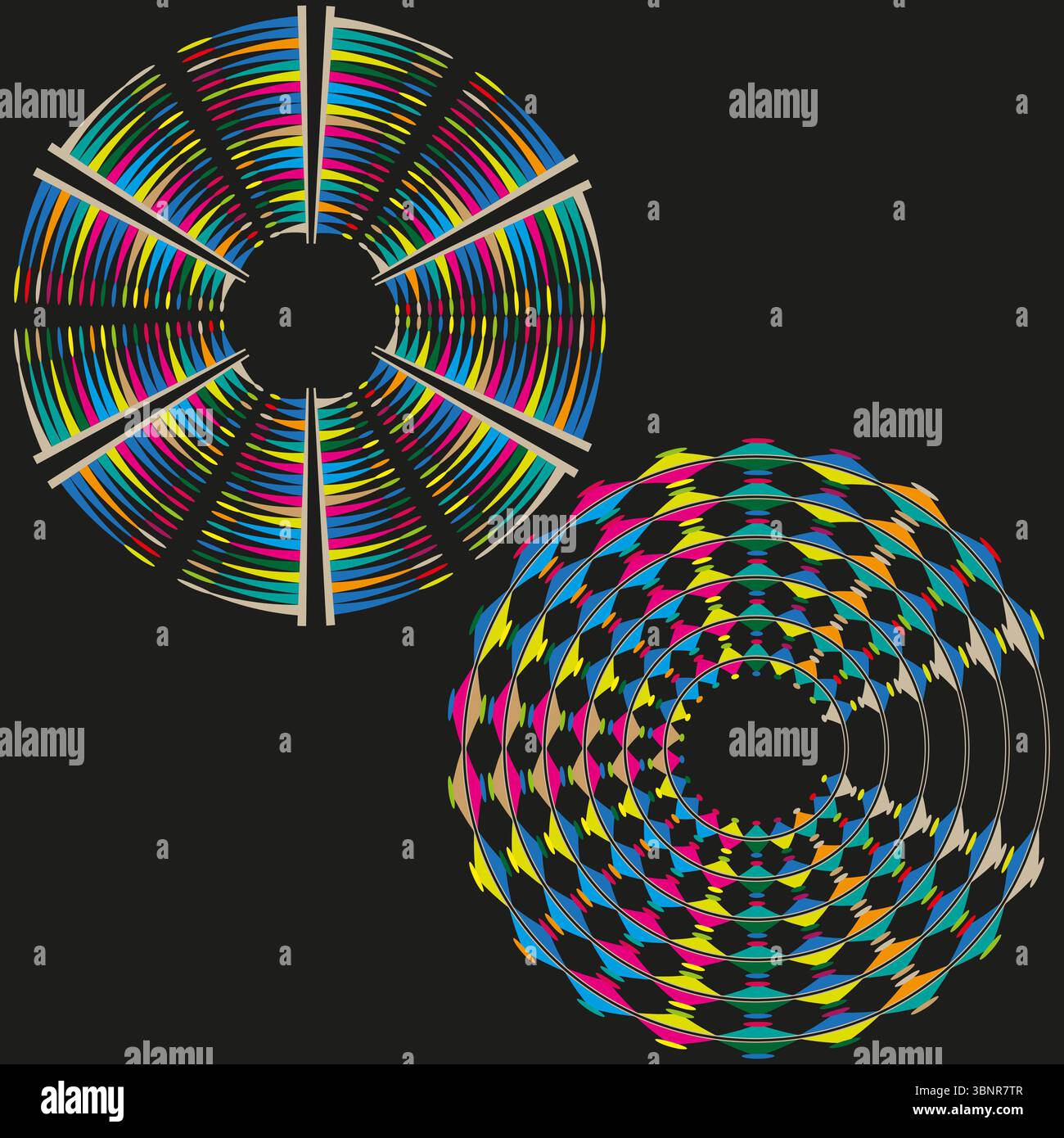 Concentric spiral discs. Abstract optical illusion. Rotating circular elements. Vector motion ...