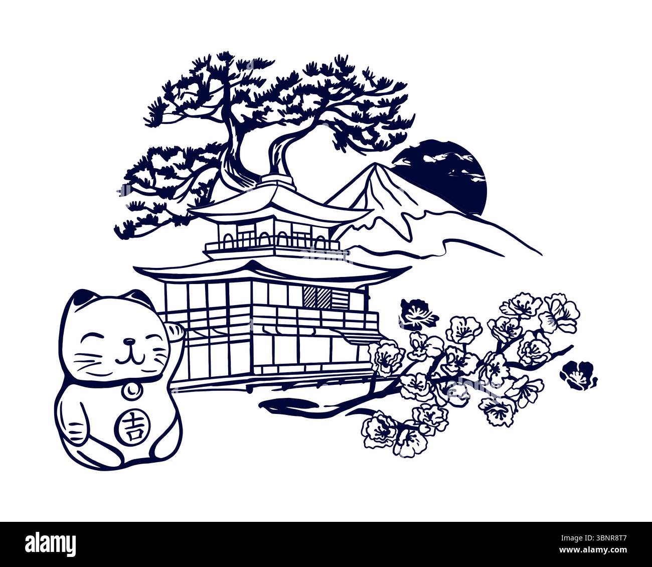 Sakura branch, Japanese pine, house, mountain, cat statue. Silhouettes ...