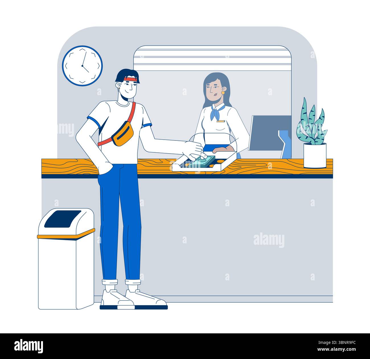 Customer depositing cash at bank teller counter 2D vector illustration ...