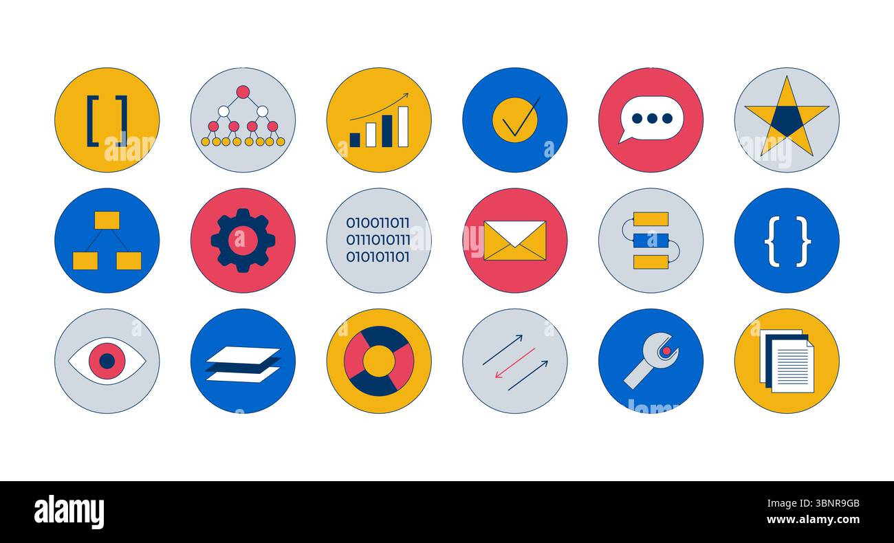 Technology and data 2D cartoon round stickers objects set Stock Vector ...