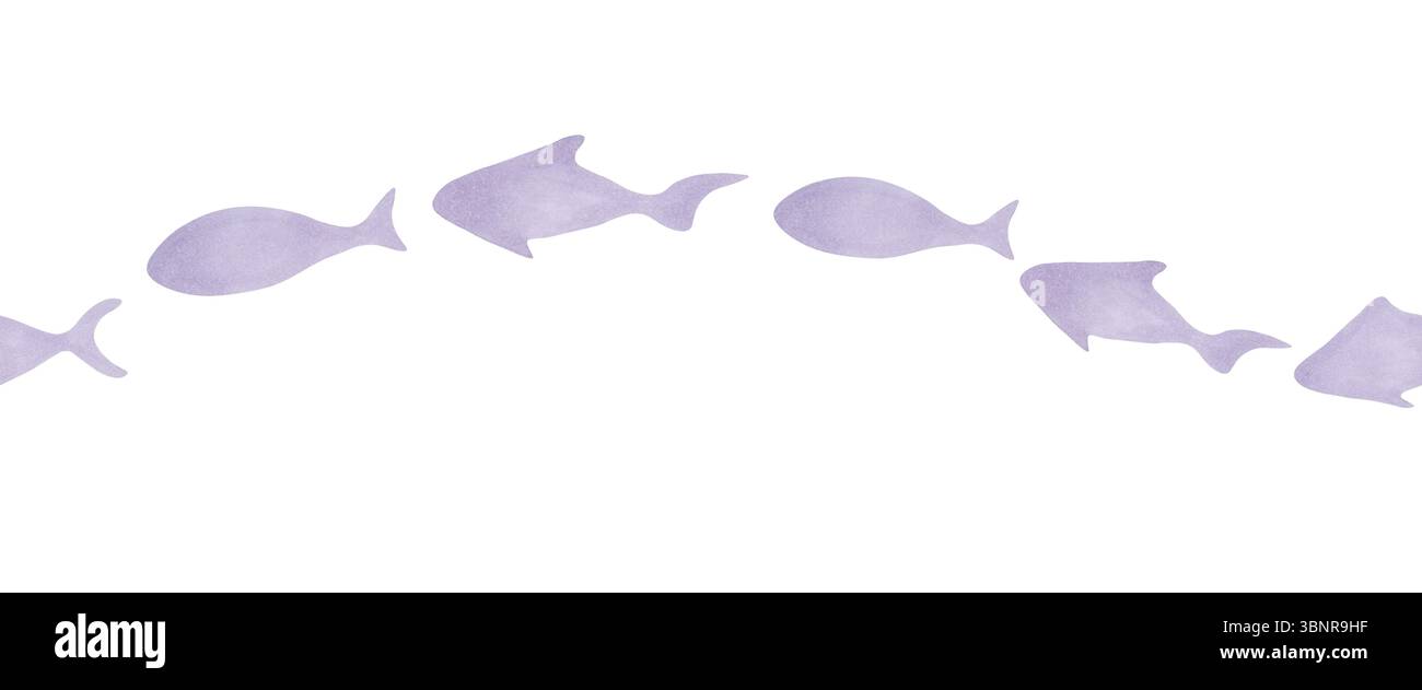 Seamless border with school of fish. Watercolor illustration. Hand ...