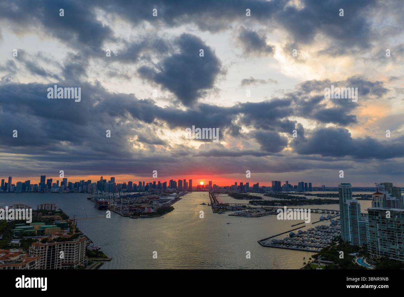 Aerial night view of Miami coastline. Twilight skyline above the Miami ...