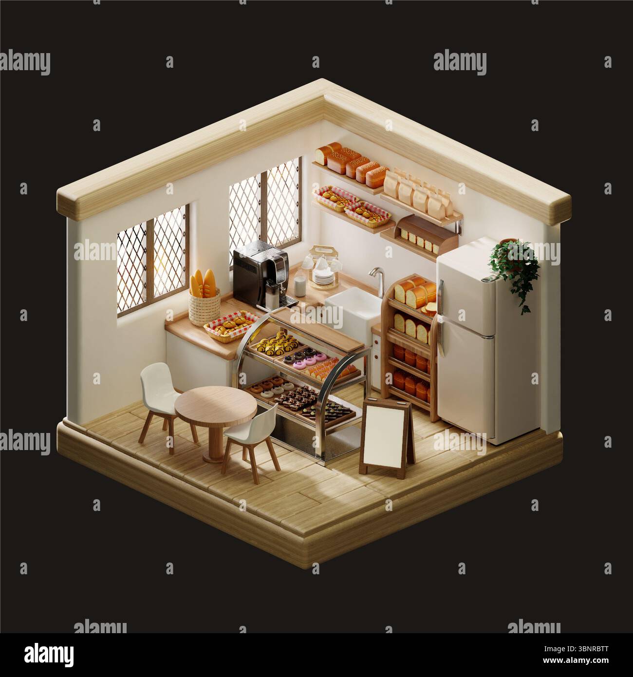 Social dining experience in a quaint bakery environment. 3D render ...