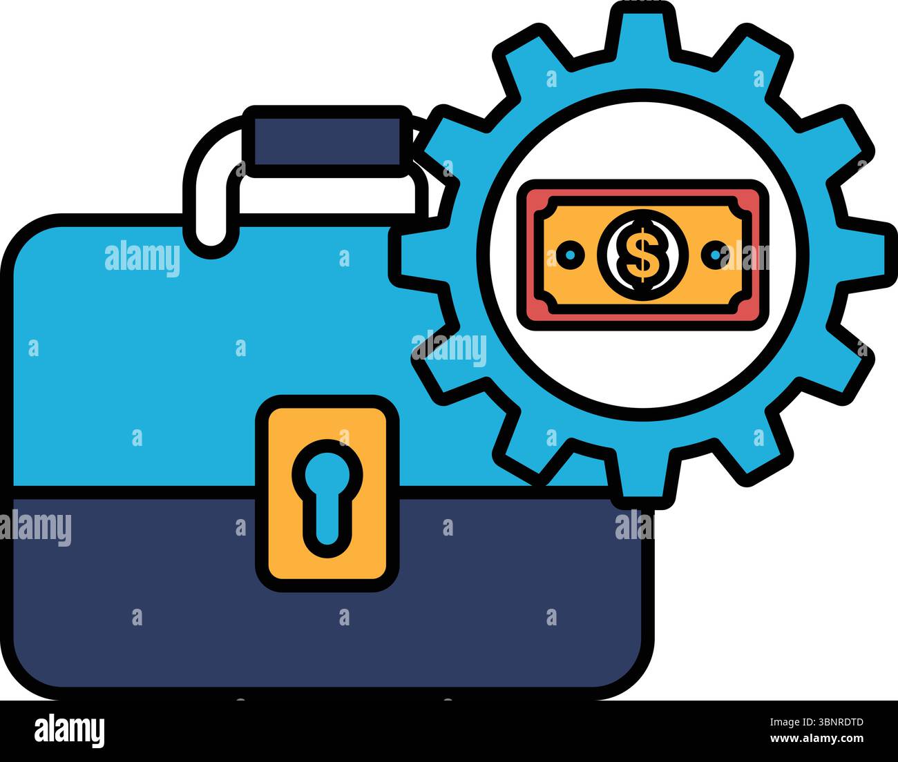 A blue briefcase with a keyhole and a dollar bill on top of it. The ...