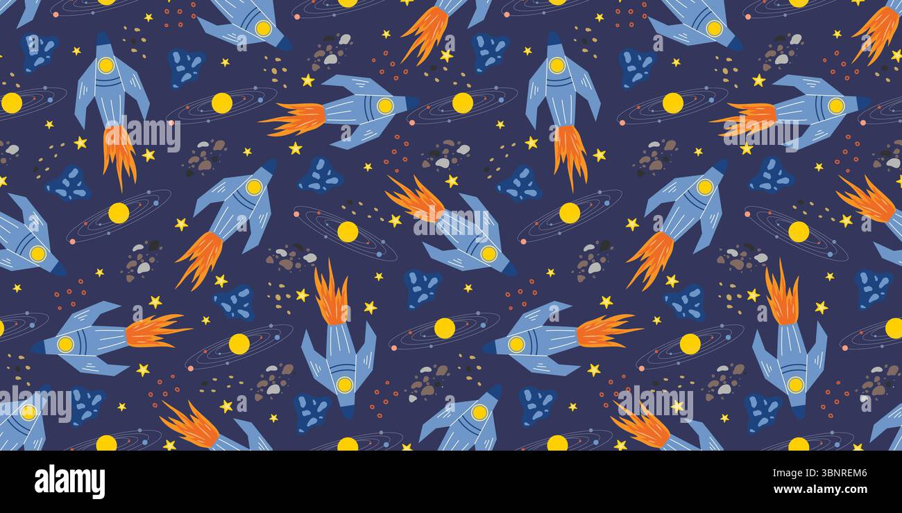Spaceships in outer space seamless background for kids. Night sky ...