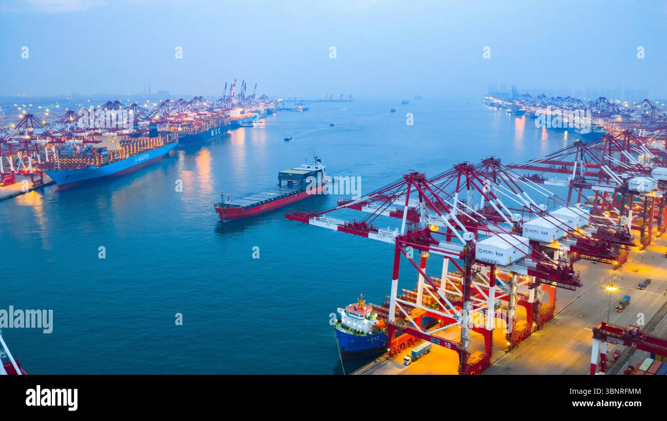 Aerial photo shows the Qianwan Container Terminal in Qingdao City, east ...