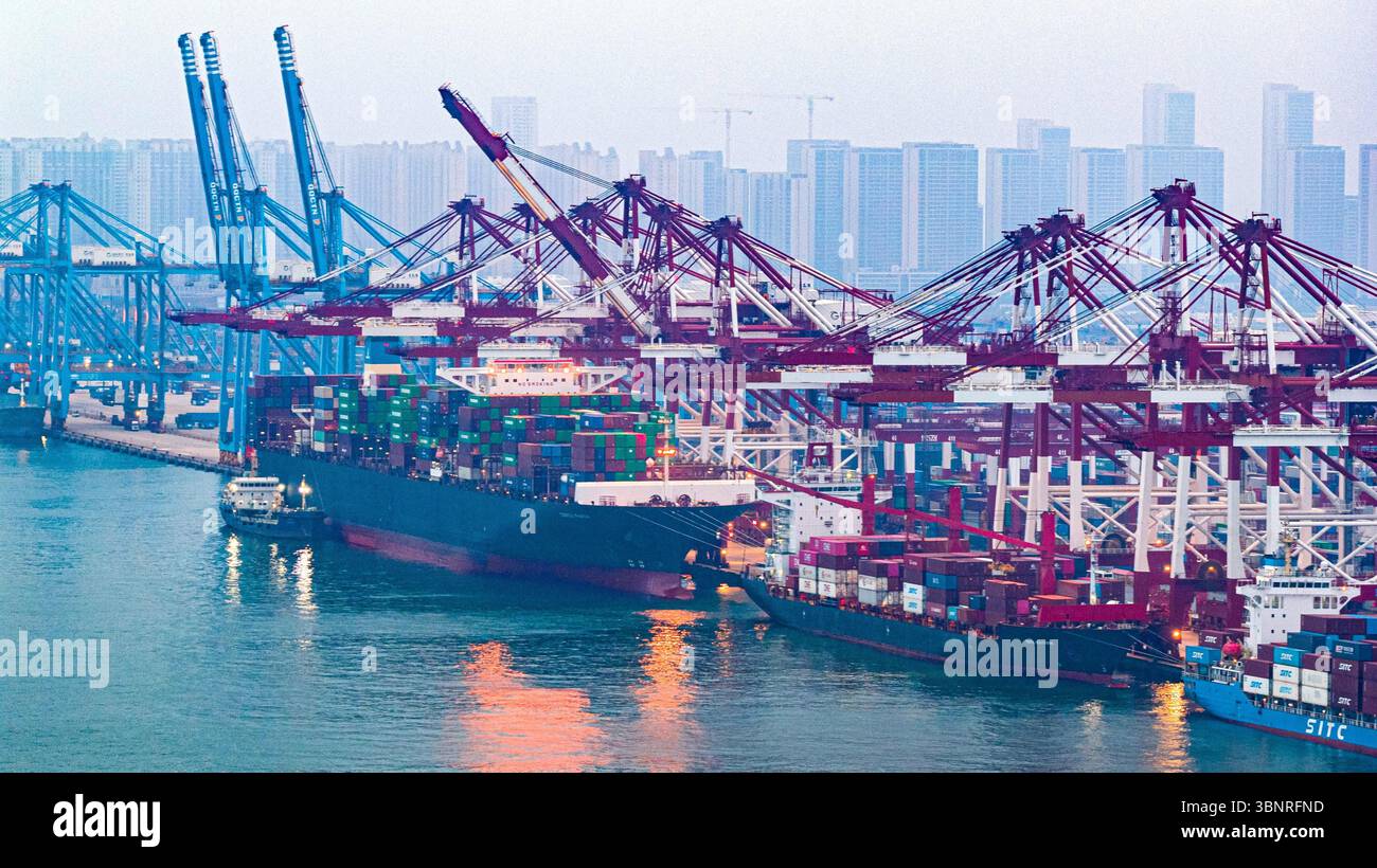 Aerial photo shows the Qianwan Container Terminal in Qingdao City, east ...