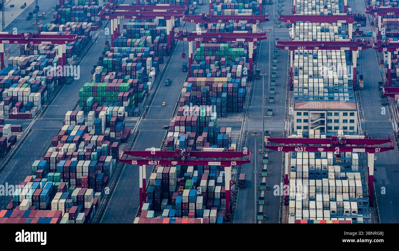 Aerial photo shows the Qianwan Container Terminal in Qingdao City, east ...