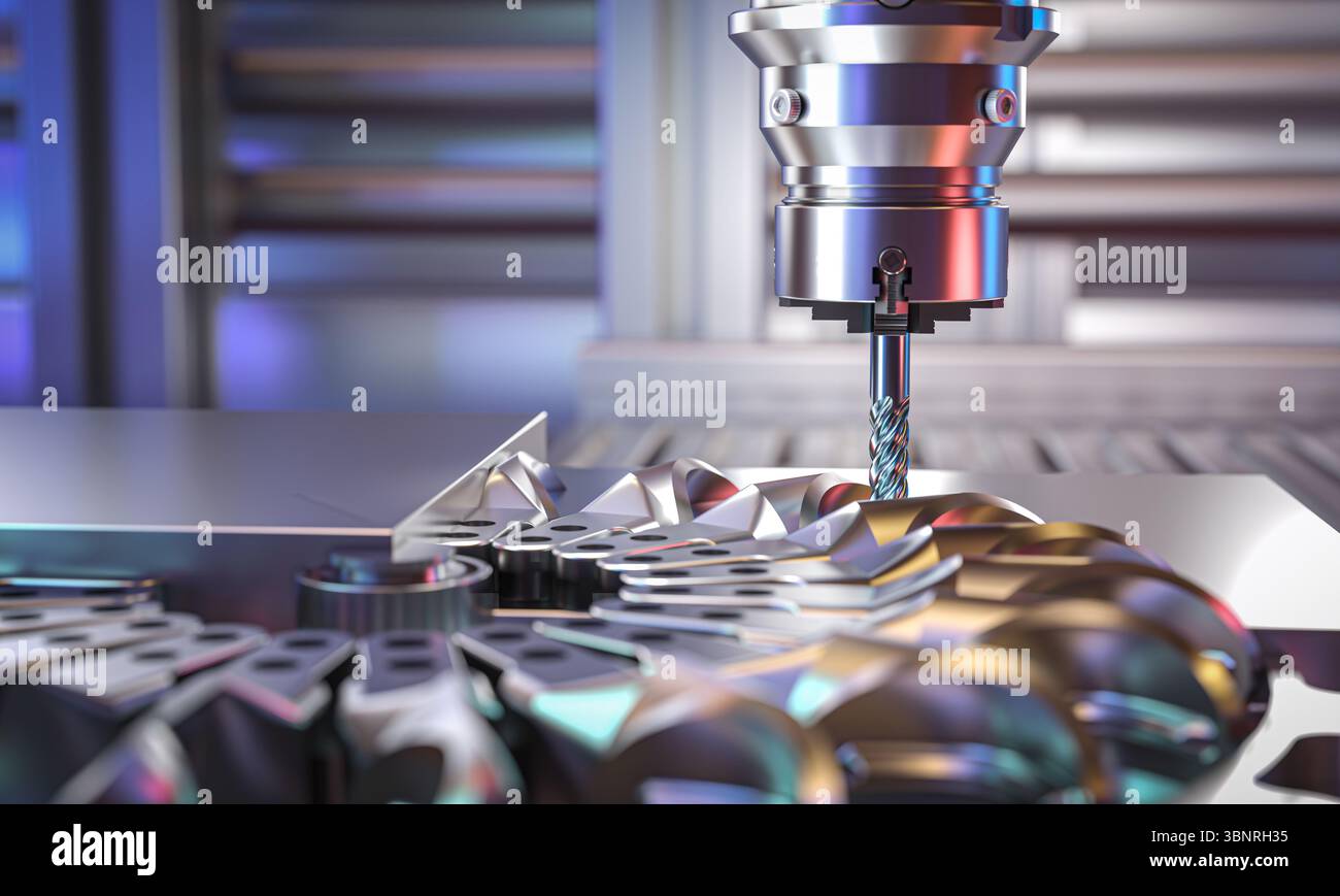 Cnc milling machine creating metal part 3d Stock Photo - Alamy