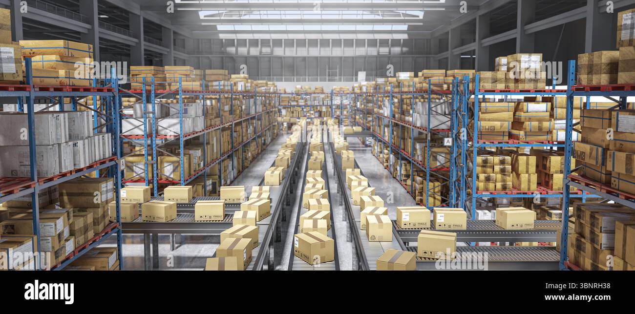 Cardboard boxes moving conveyor belt in distribution warehouse 3d Stock ...