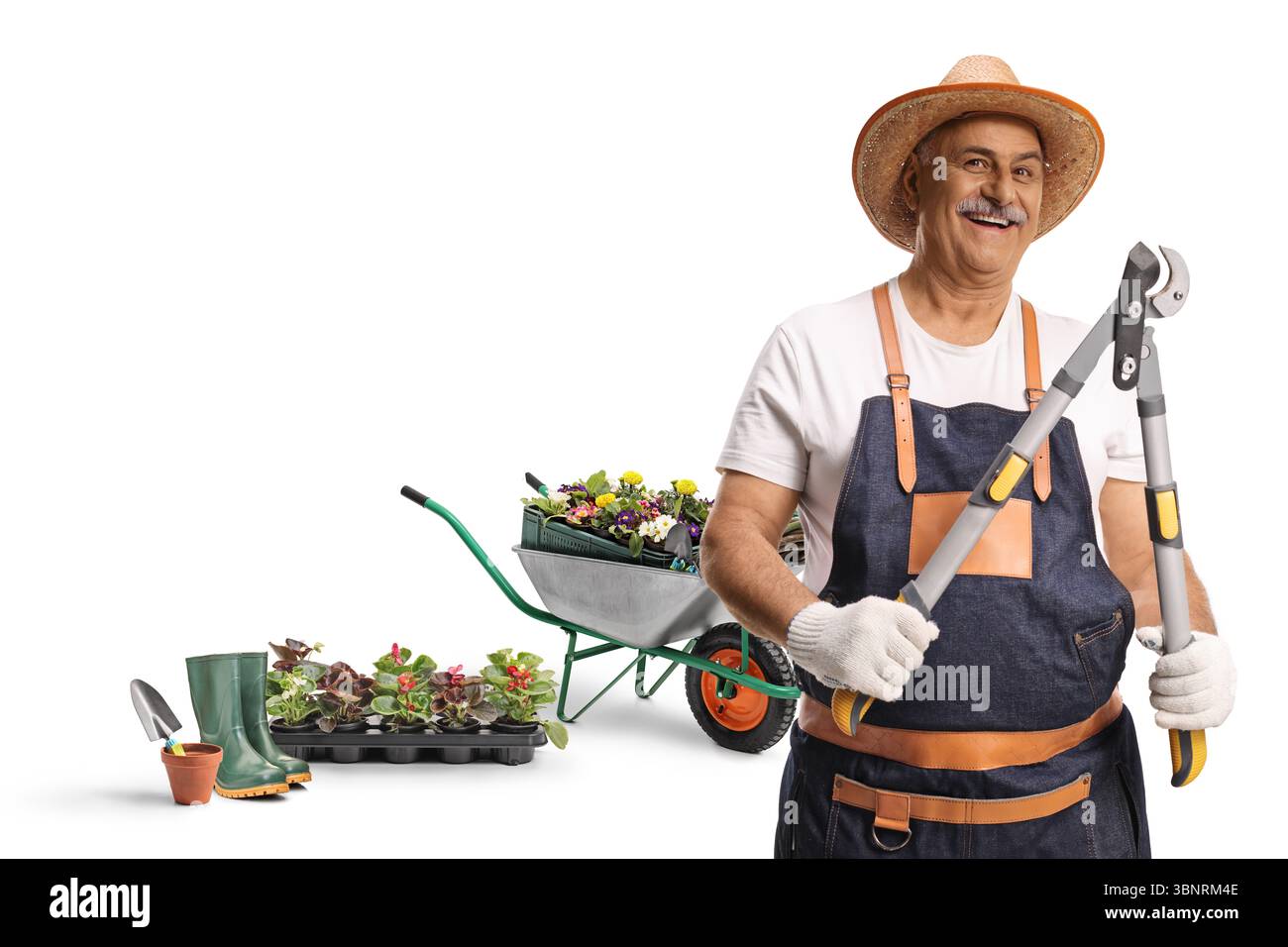 Smiling gardener holding fence Cut Out Stock Images & Pictures - Alamy