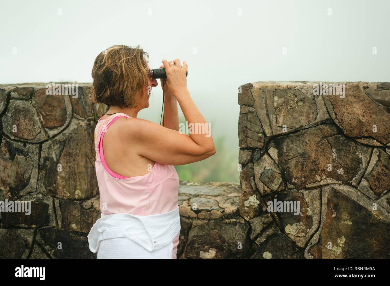 Woman views jungle with binoculars from El Yunque lookout tower Stock ...