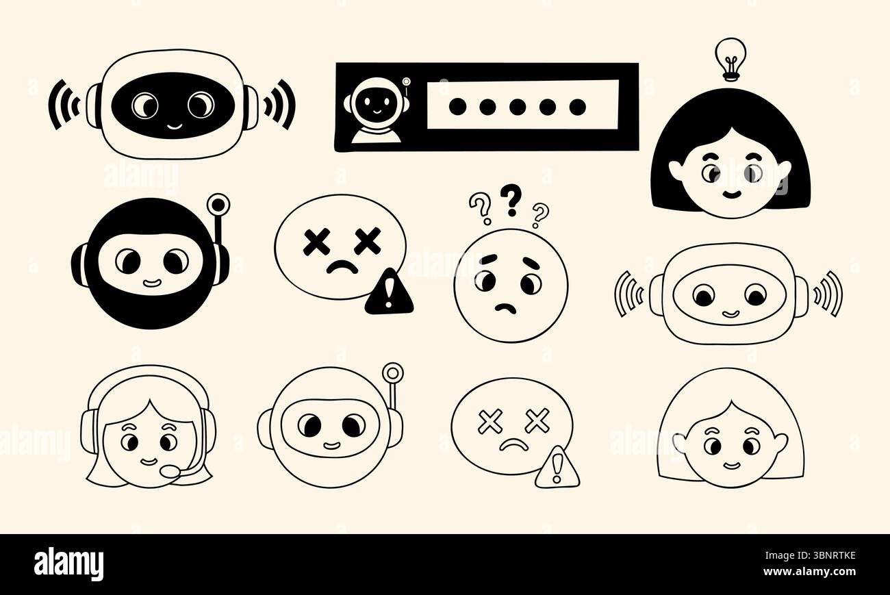 Chatbot, faces and Human Emotion Icons for AI Interface. Vector icon ...