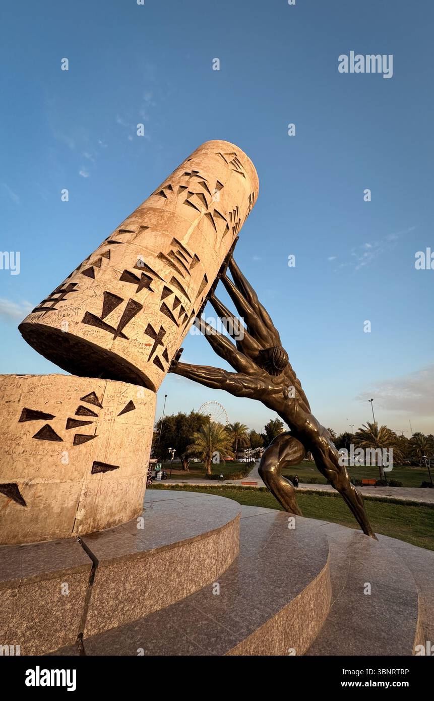 A bronze statue symbolizes resilience as it supports a large historical ...