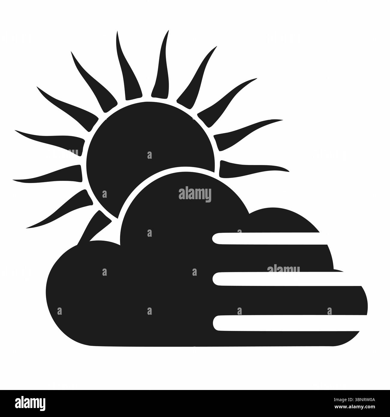 Sun partially hidden by cloud with sunrays in simple black and white ...