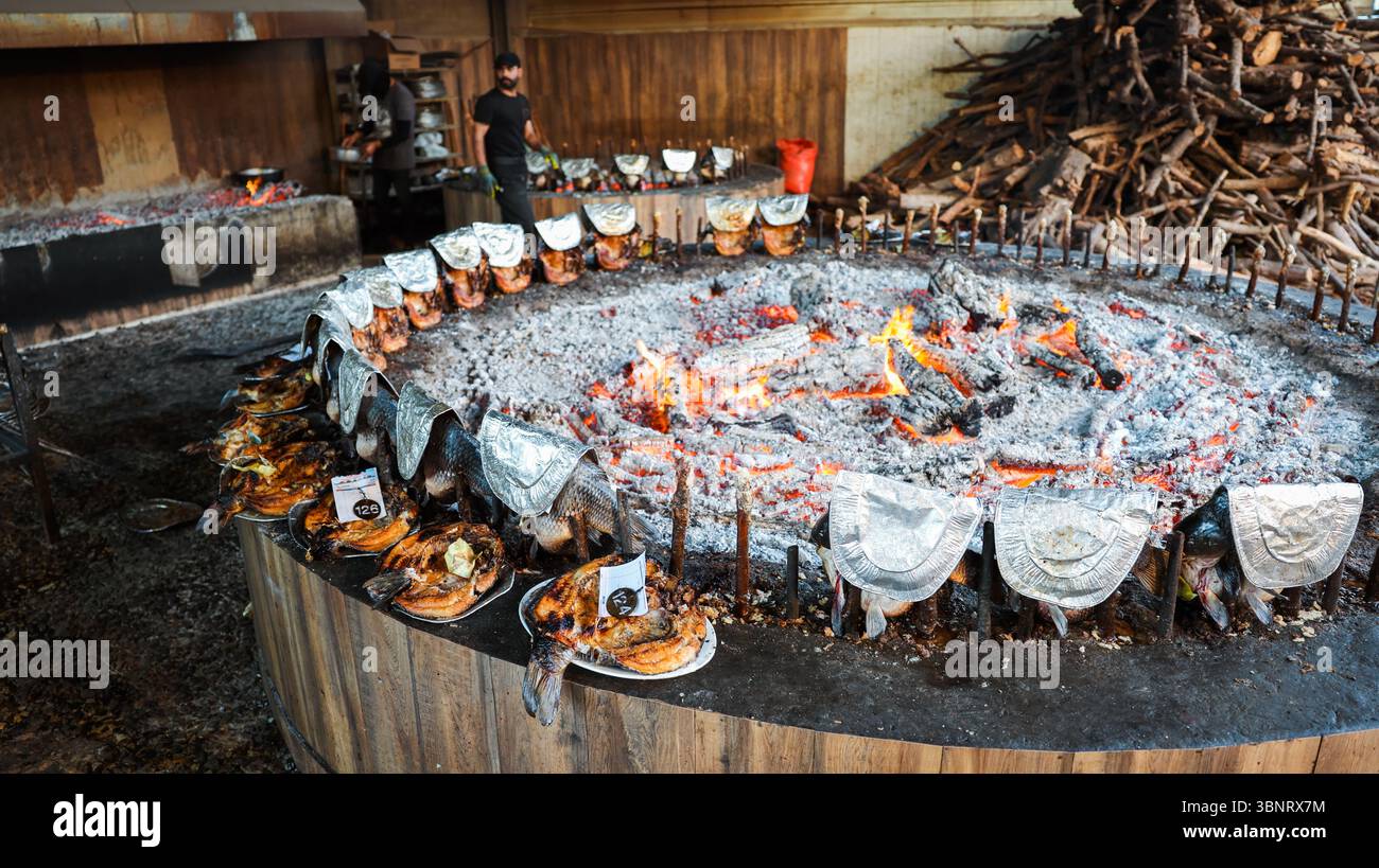 Large circular grill filled with fish cooking over an open fire ...