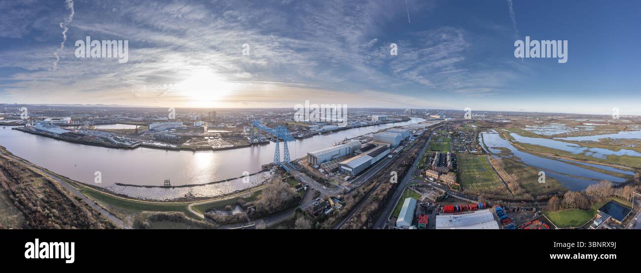 Aerial view of Middlesbrough Transporter Bridge stretches across the ...