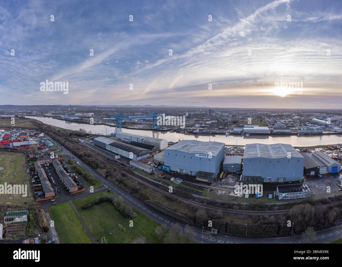Aerial view of the Middlesbrough Transporter Bridge casting a stark ...