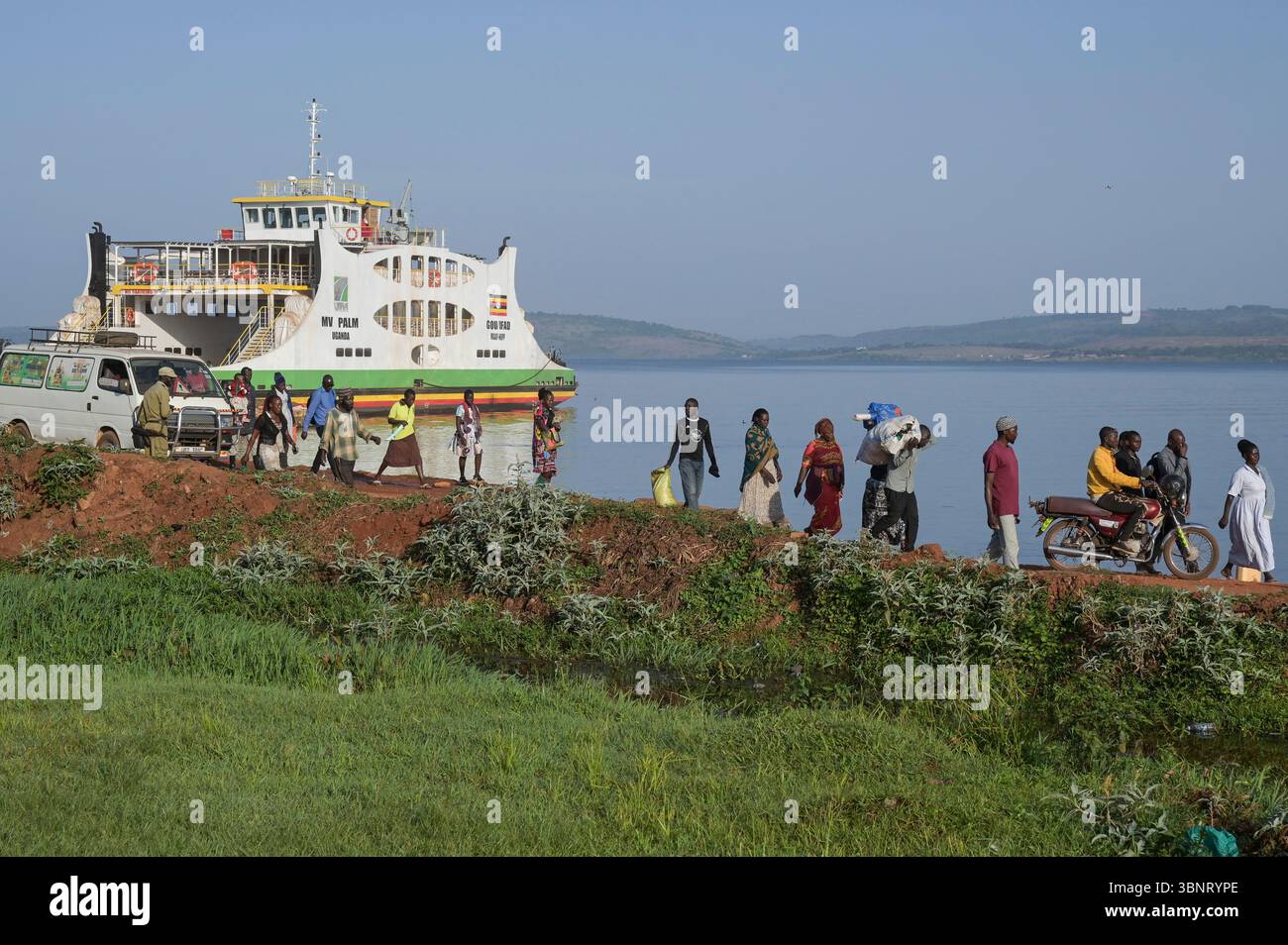 UGANDA, ferry port Kirongo on Buvuma Island at Lake Victoria, ferry MV ...