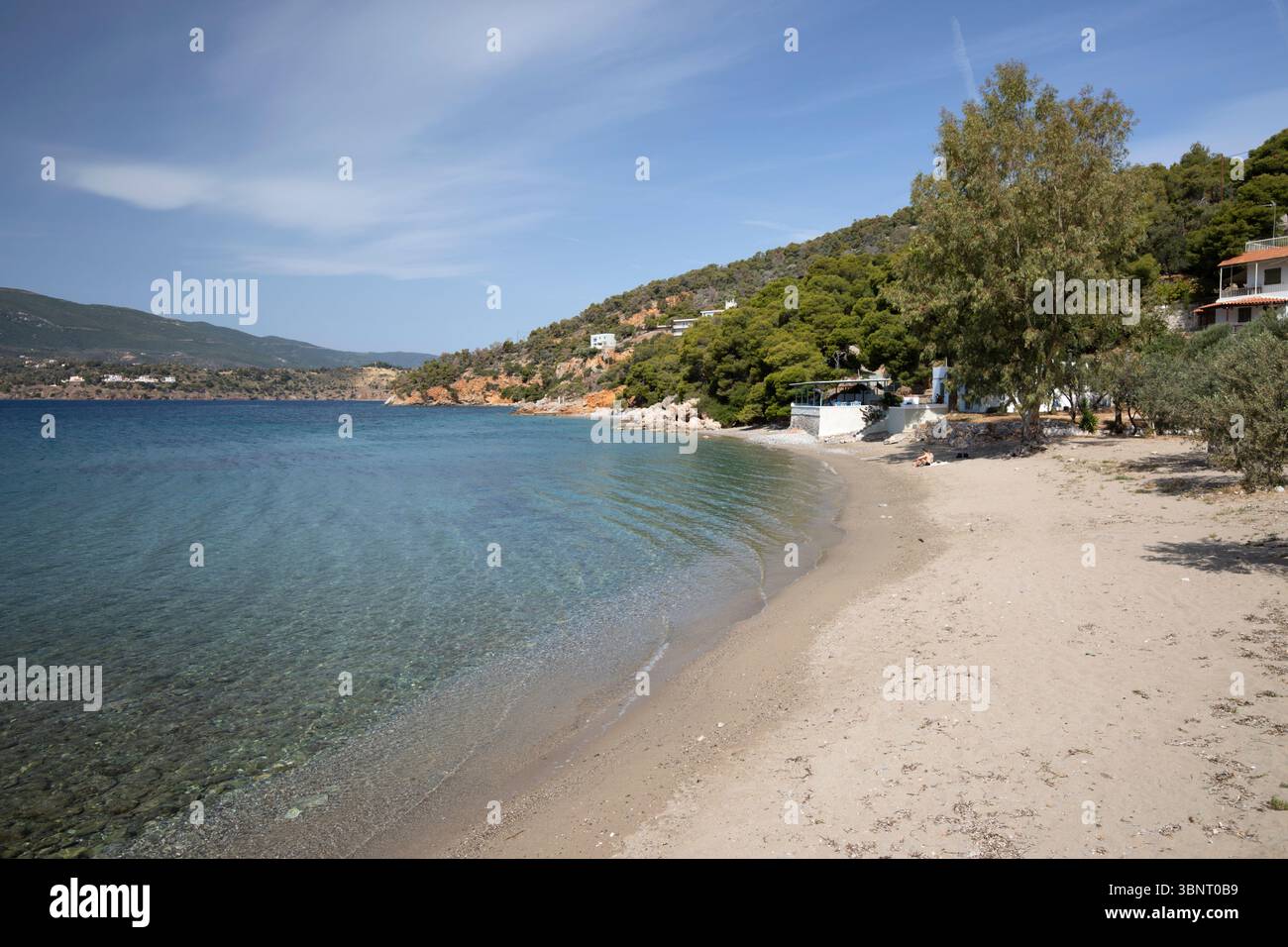 Sandy beach and clear waters of Monastery Bay beach, Poros, Saronic ...
