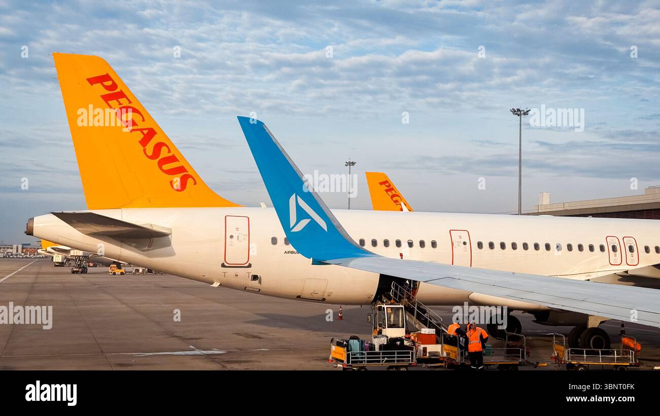 Multiple aircraft are parked for servicing at Istanbul airport ...
