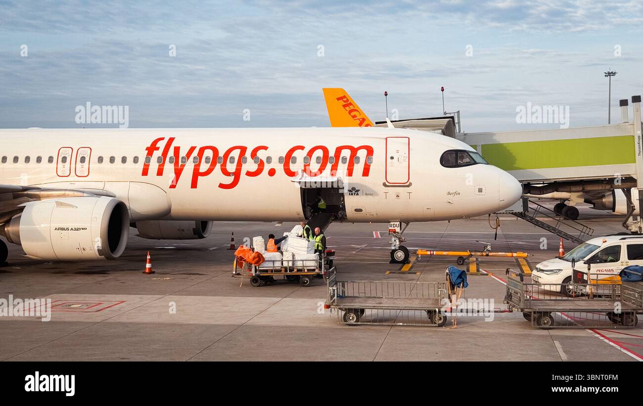 Ground staff work diligently to load luggage onto an aircraft at ...