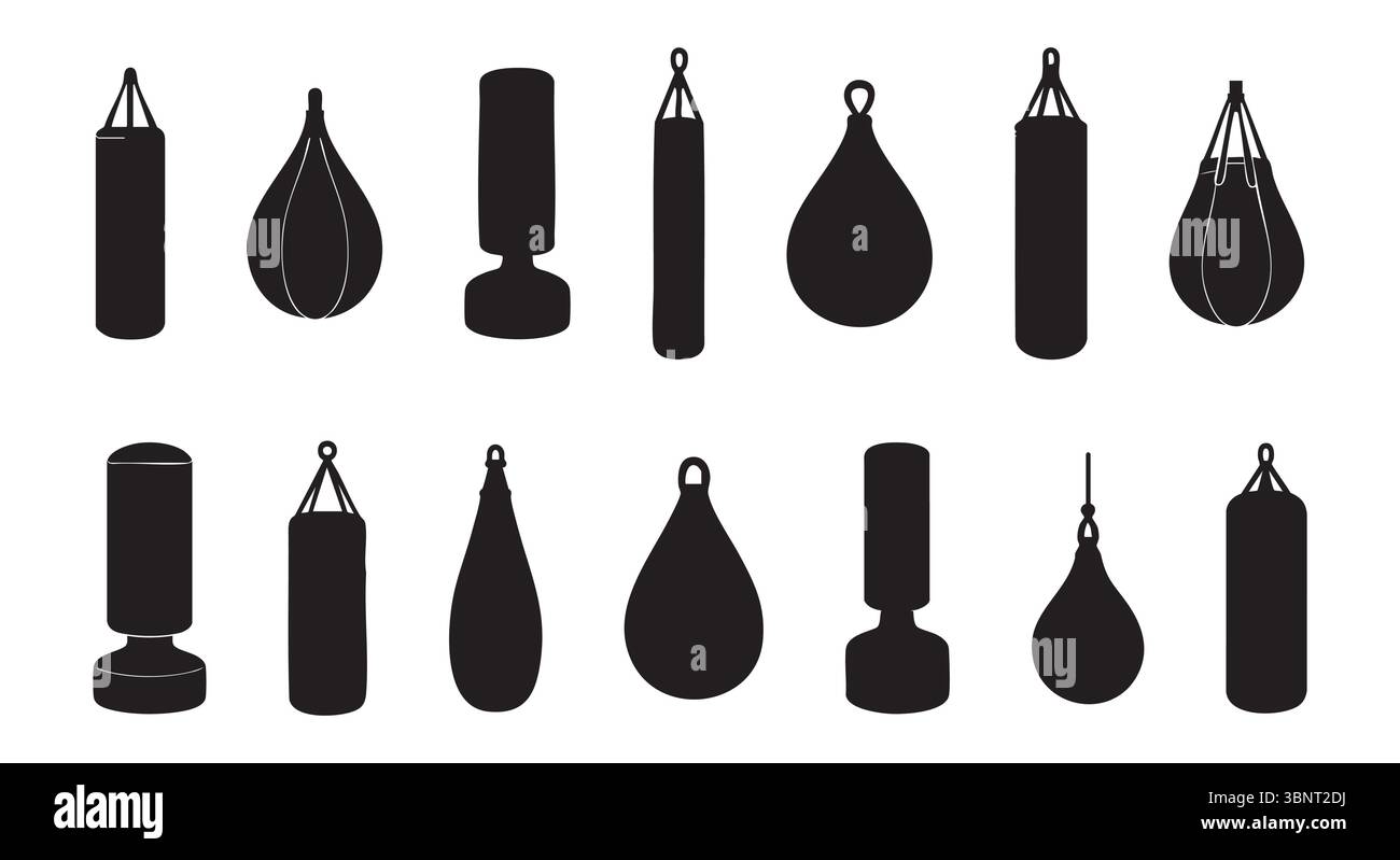 Silhouettes of various punching bags in different shapes, isolated on ...