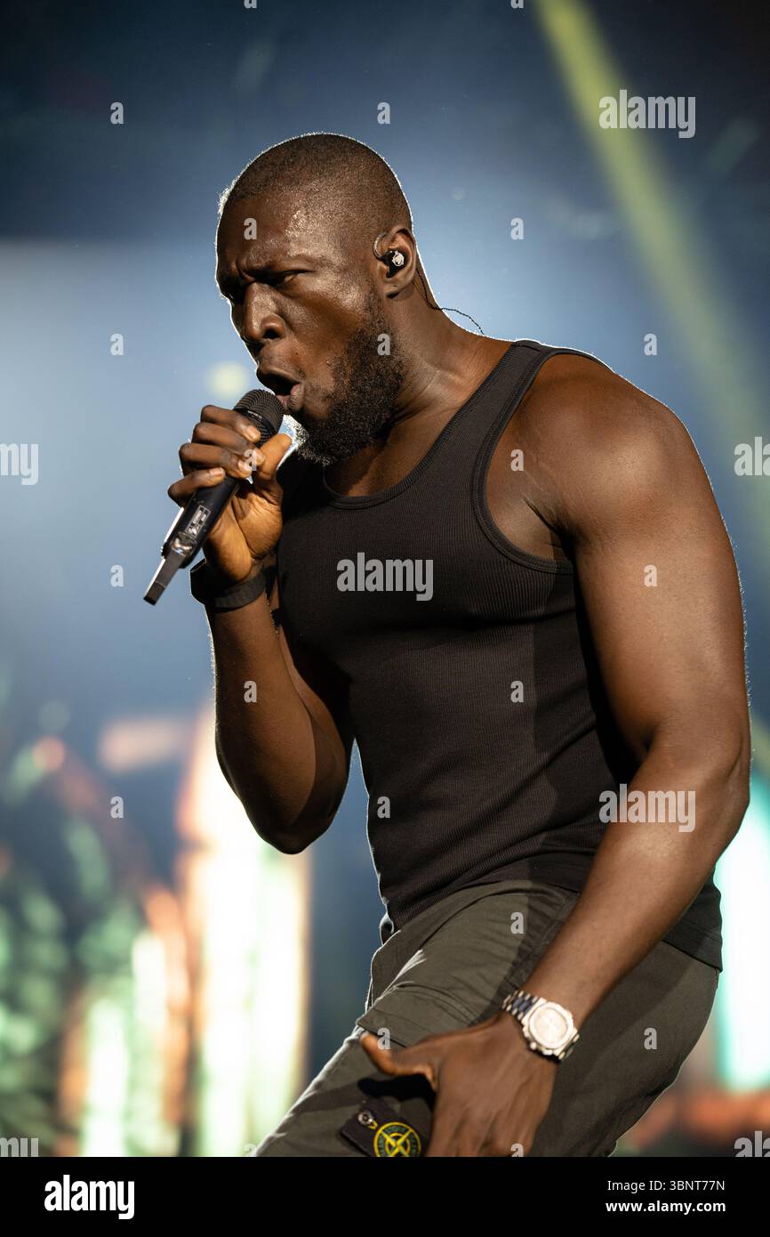 Roskilde Festival, Roskilde Denmark, Stormzy performs on the Orange ...