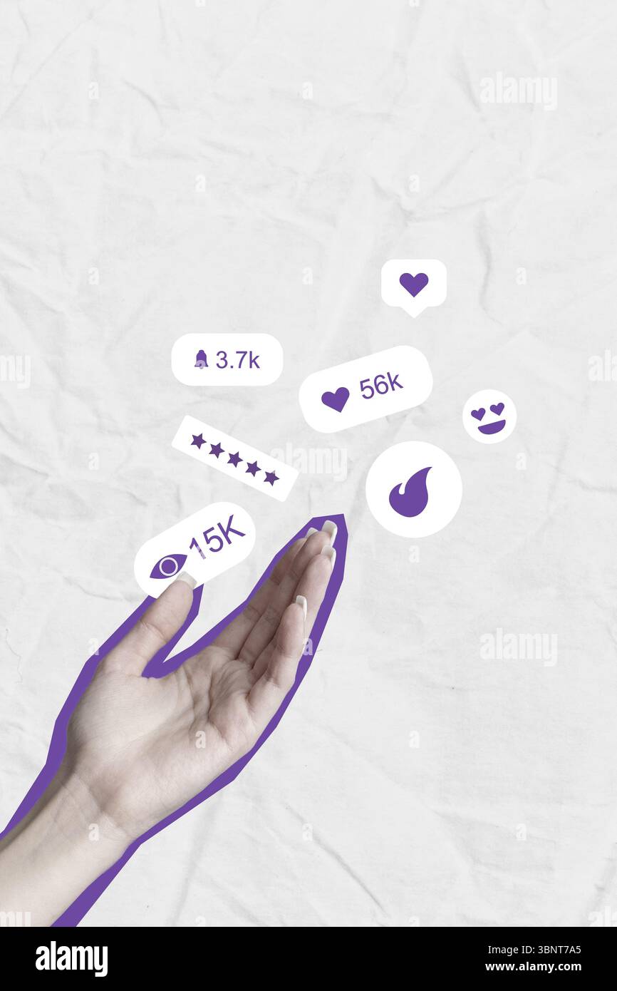 Hand holding social media icons with engagement metrics on a textured ...