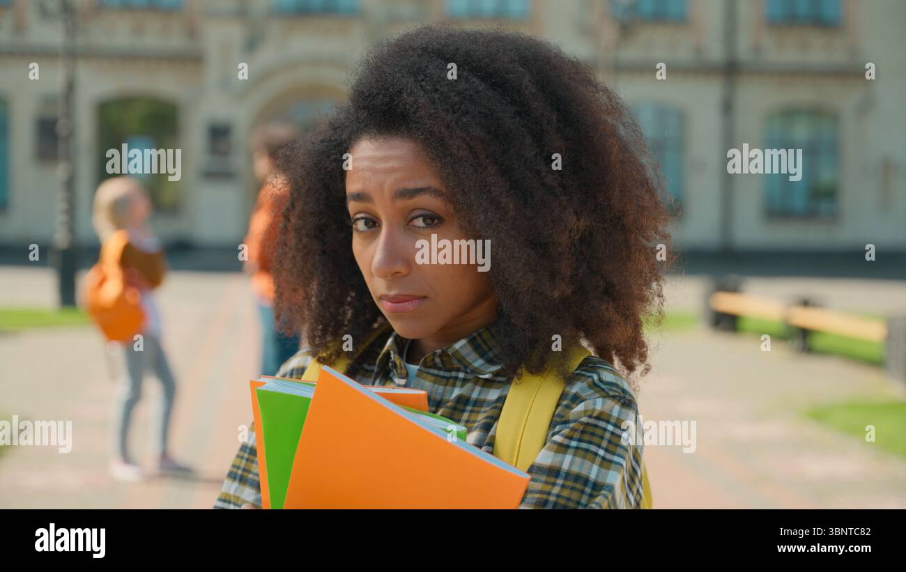 Sad upset stressed disappointed African American student girl female ...