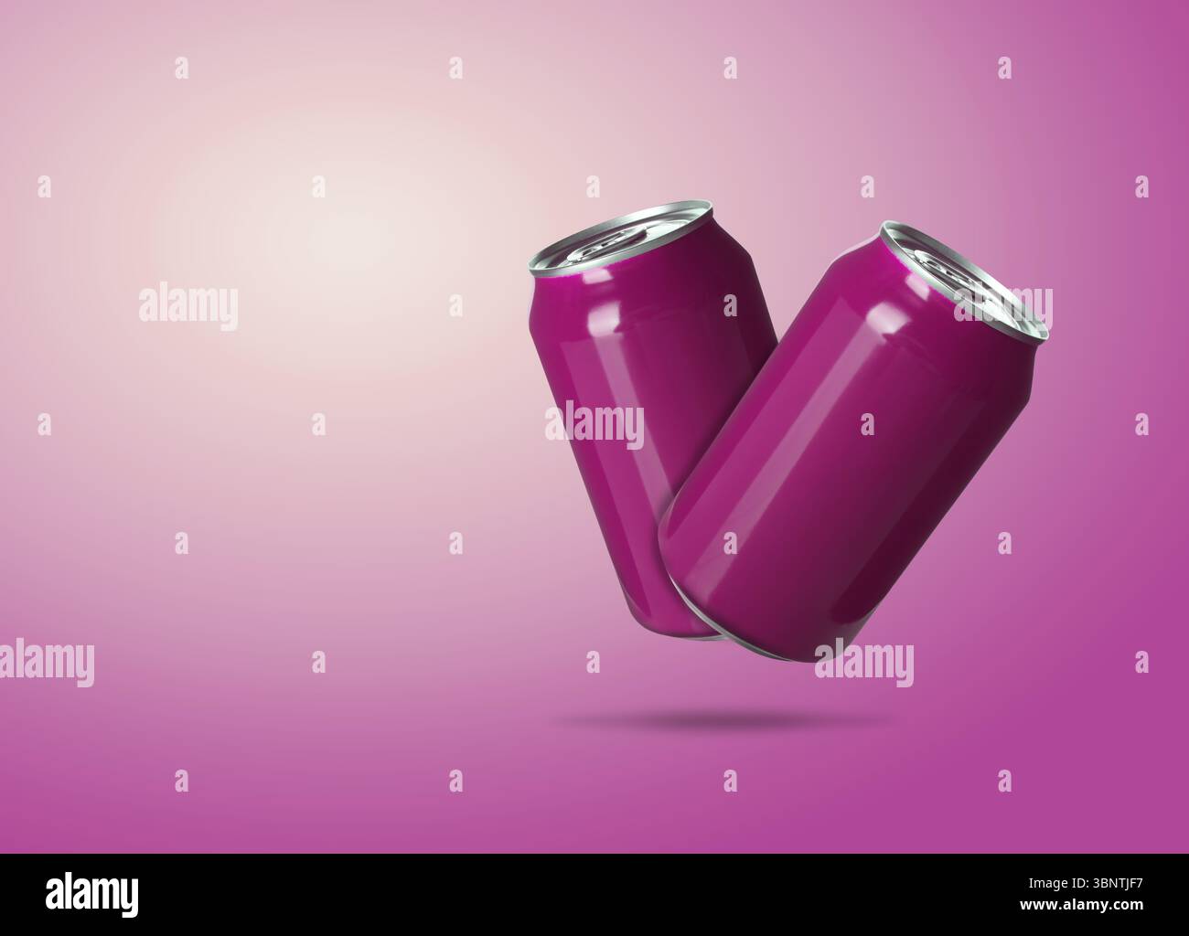 Aluminum cans in air on violet gradient background. Space for text ...