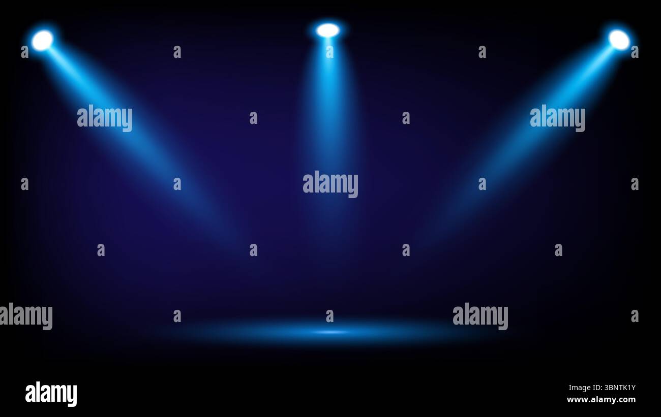 Three blue spotlights separated from top, left and right with shadows ...